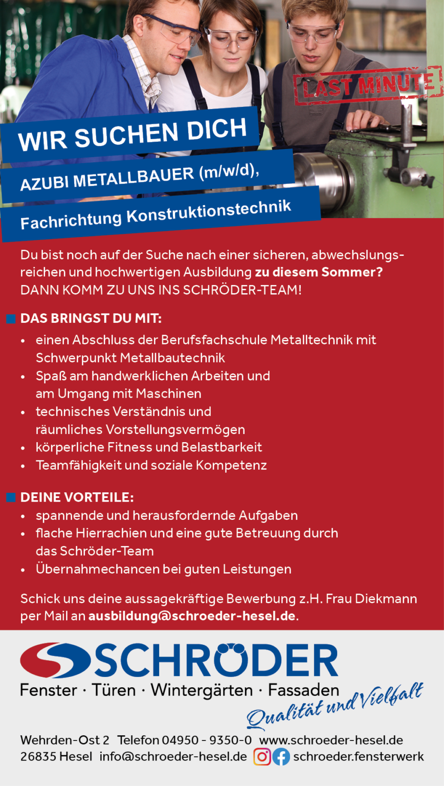 Last Minute Ausbildung zum Metallbauer (m/w/d) zu diesem Sommer - Fenster- und Türenwerk ...
